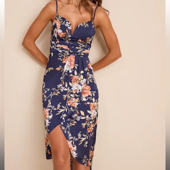 Lulus | Dresses | Lulus Navy Blue Floral Print Tulip Skirt Midi Dress ...